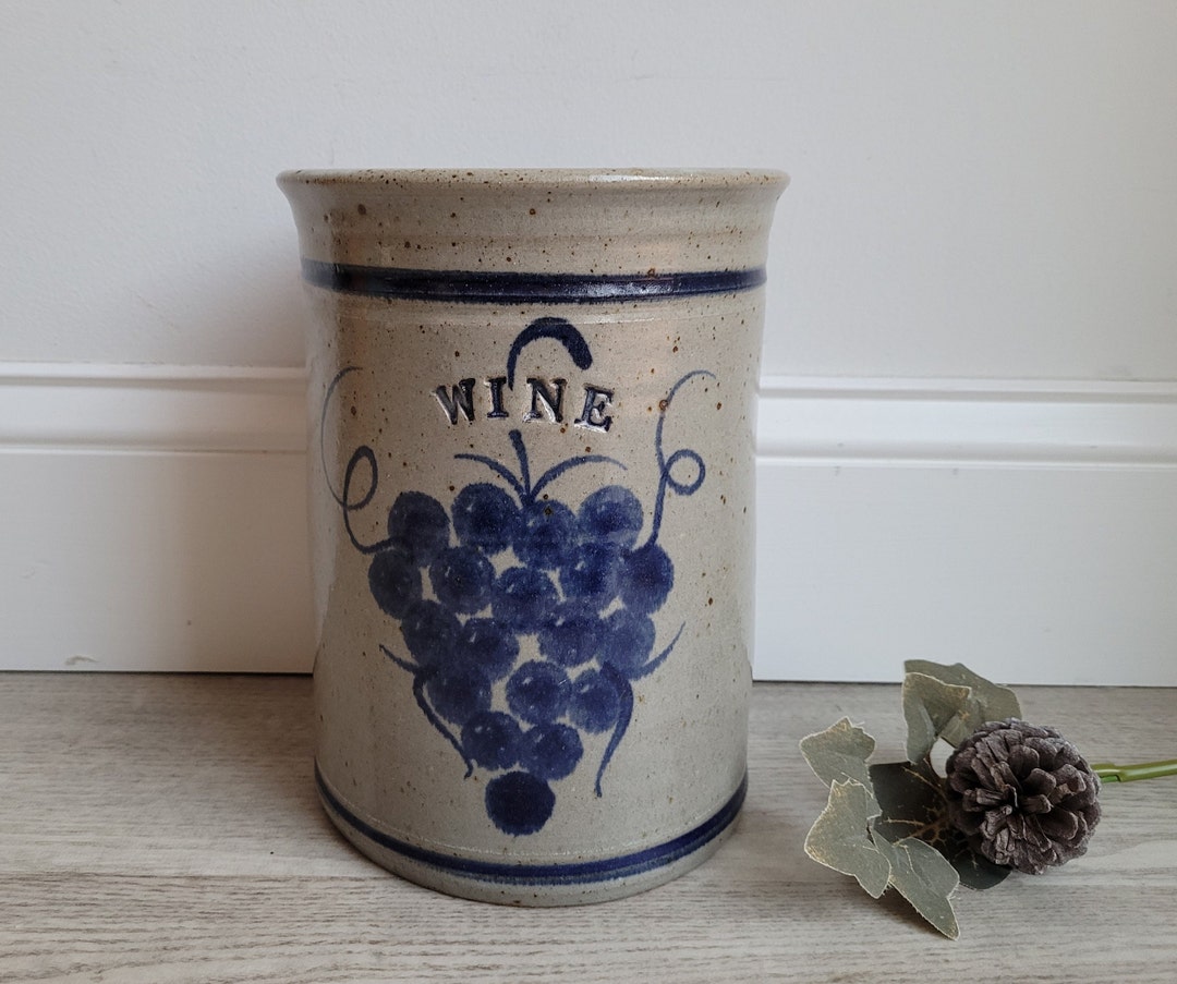 Vintage Wine Crock Blue Gray Stoneware Pottery With Grapes Wine ...