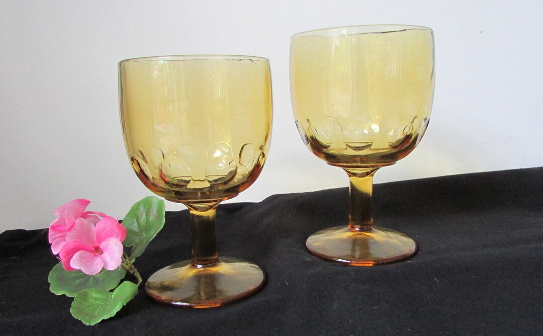 Amber Goblets- 2 Water/wine Glasses Thumbprint Pattern Glass Vintage ...