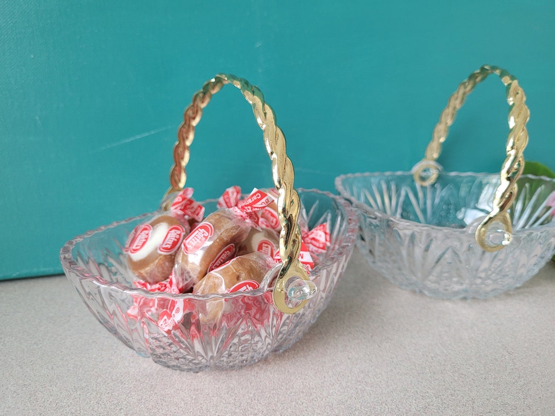 Vintage Glass Candy Basket With Gold Handle Fancy Dishes Decorative ...
