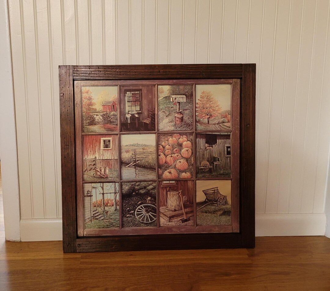 Vintage Homco B Mitchell Art Fall Harvest Framed Picture 12 Window Pane ...