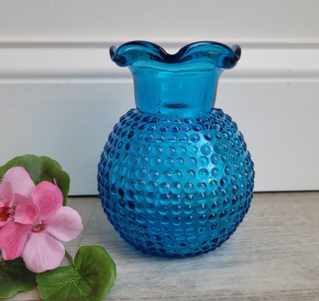 Blue Glass Vase Small Vase Hobnail Vases Ruffled Edge Vase Small ...