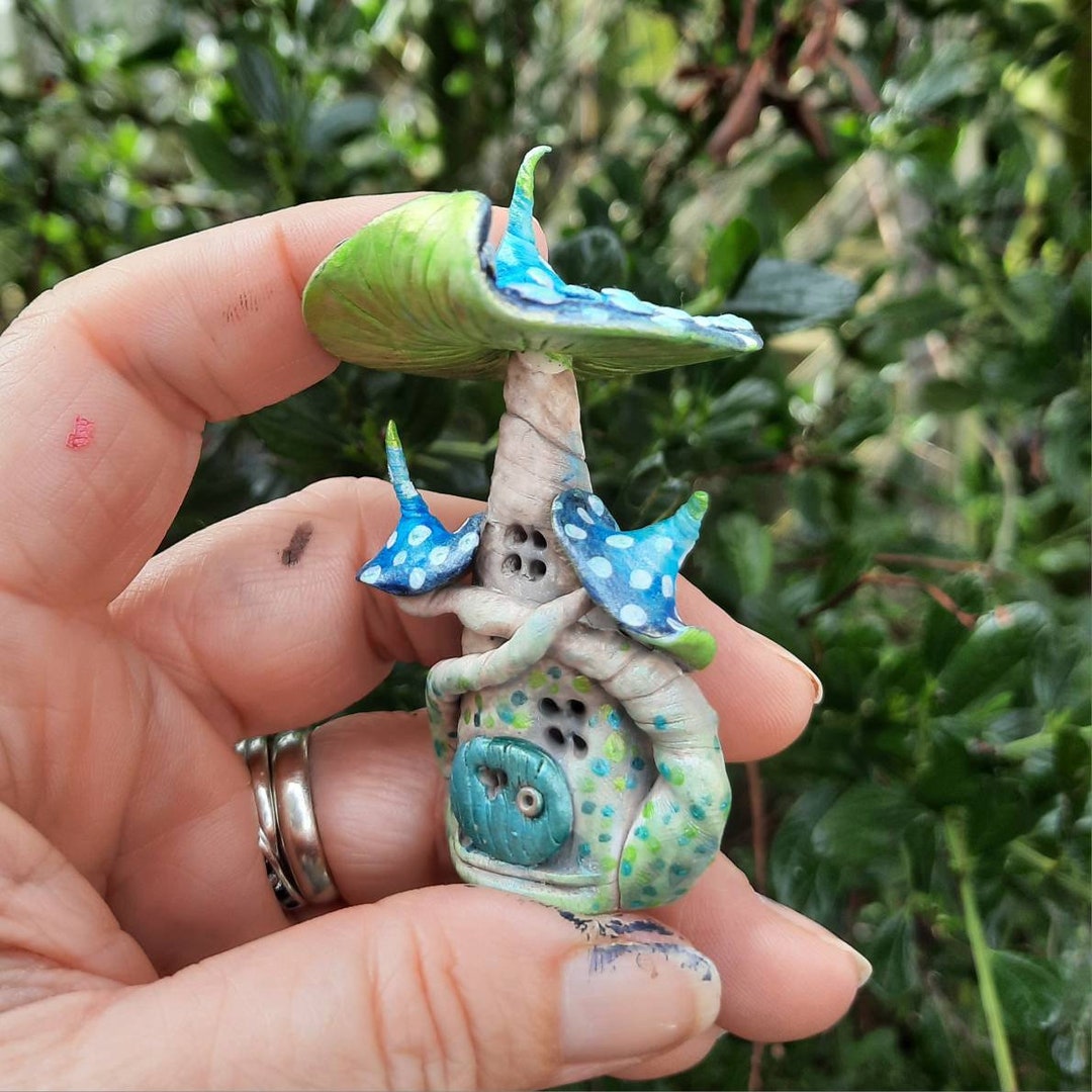 Teal Fairy House, With Tiny Twisty Toadstools, Mushroom Cottage - Etsy