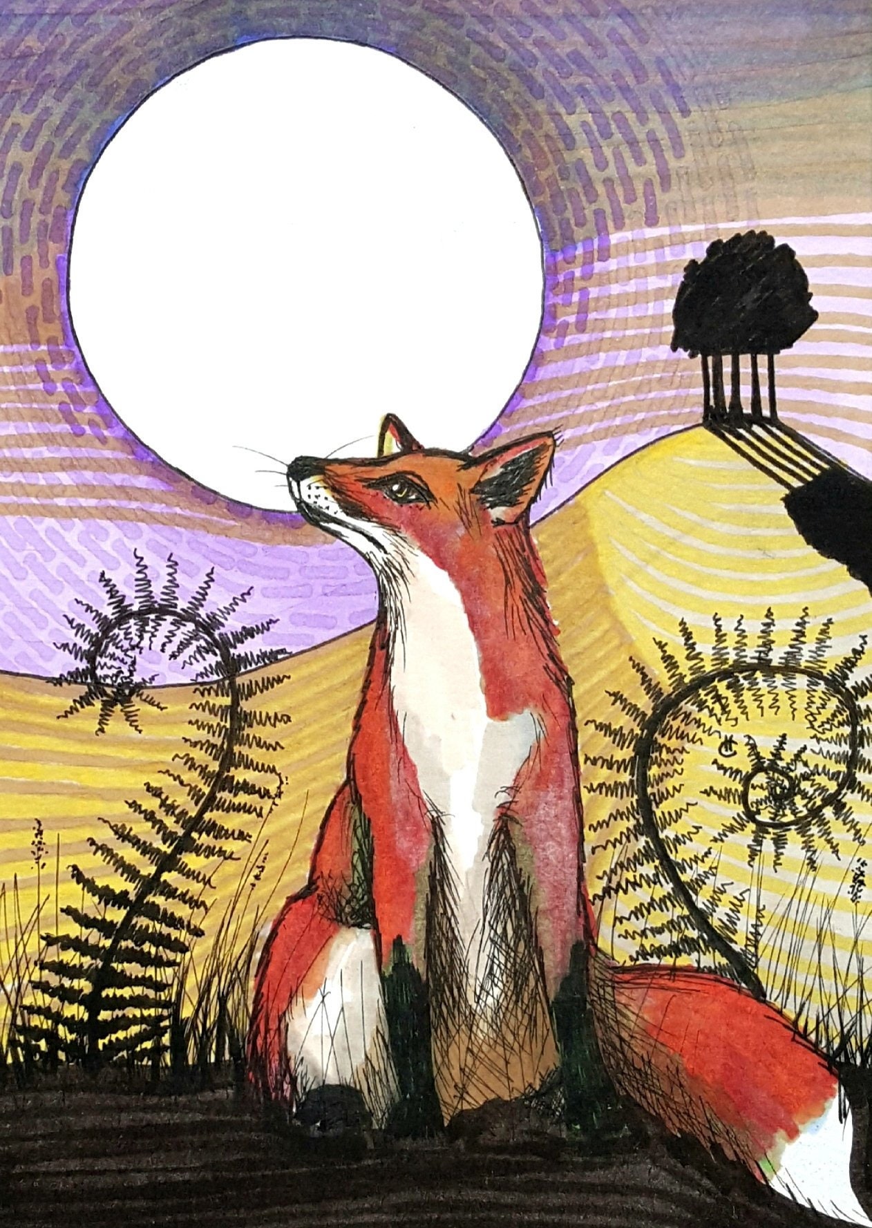 Whimsical Moonlit Fox original artwork pen and ink fox | Etsy