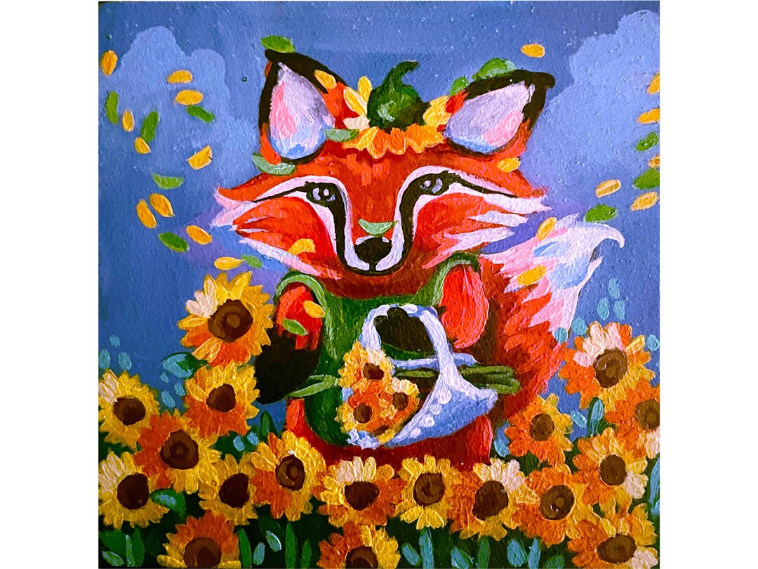 Sunflower Fox Painting Art Print - Etsy