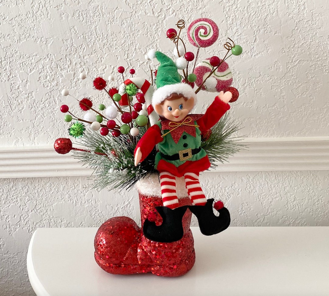 Christmas Centerpiece, Elf With Lollipops in the Stocking Decor ...