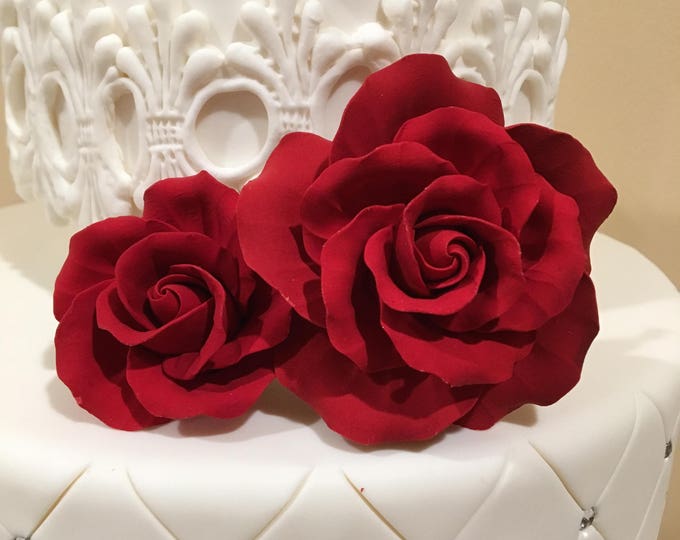 Set of 3 Beautiful Red Roses Sugar Gum Paste Red Roses Cake Topper for ...