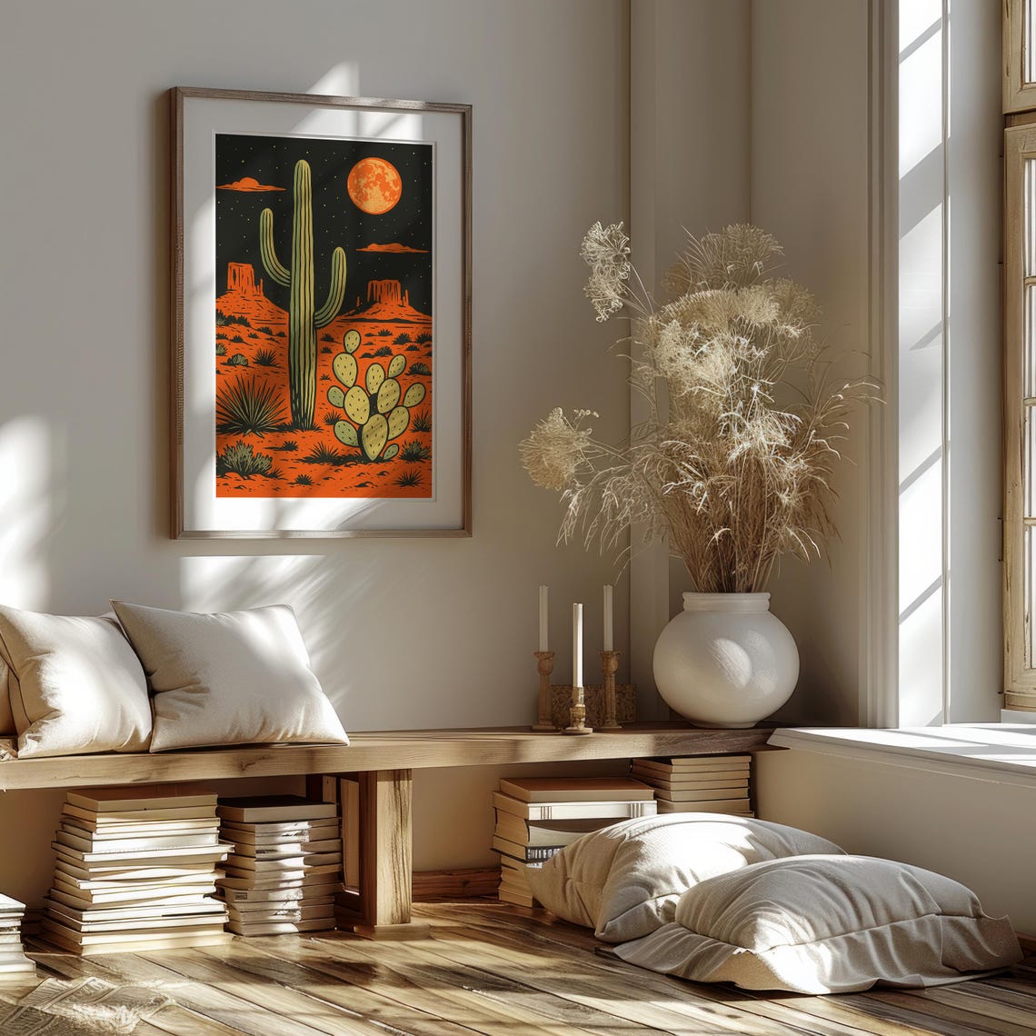 Vintage Desert Night Cactus Art Print | Retro Southwestern Wall Decor ...