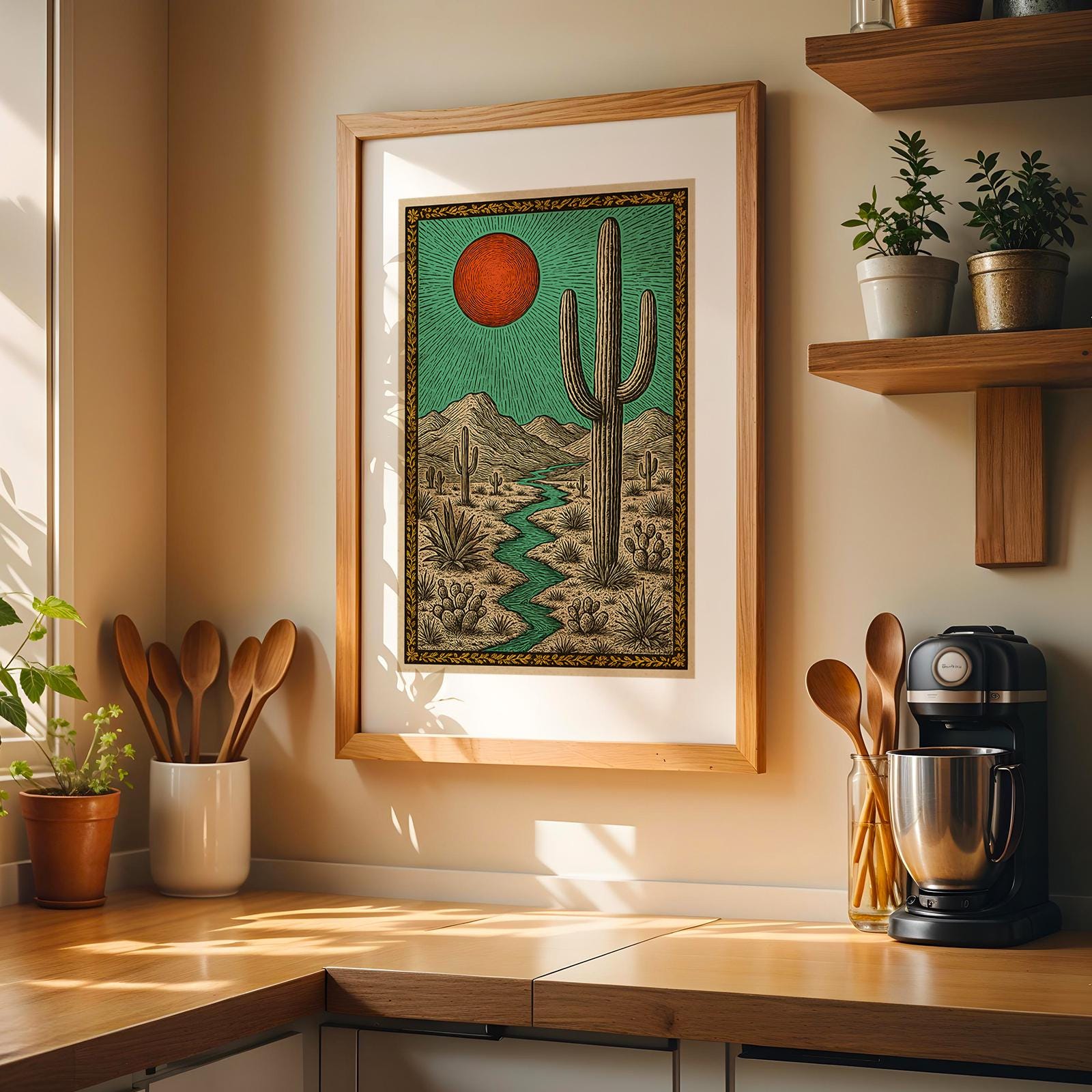 Vintage Southwestern Desert Linocut Style Art Print | Rustic Saguaro ...