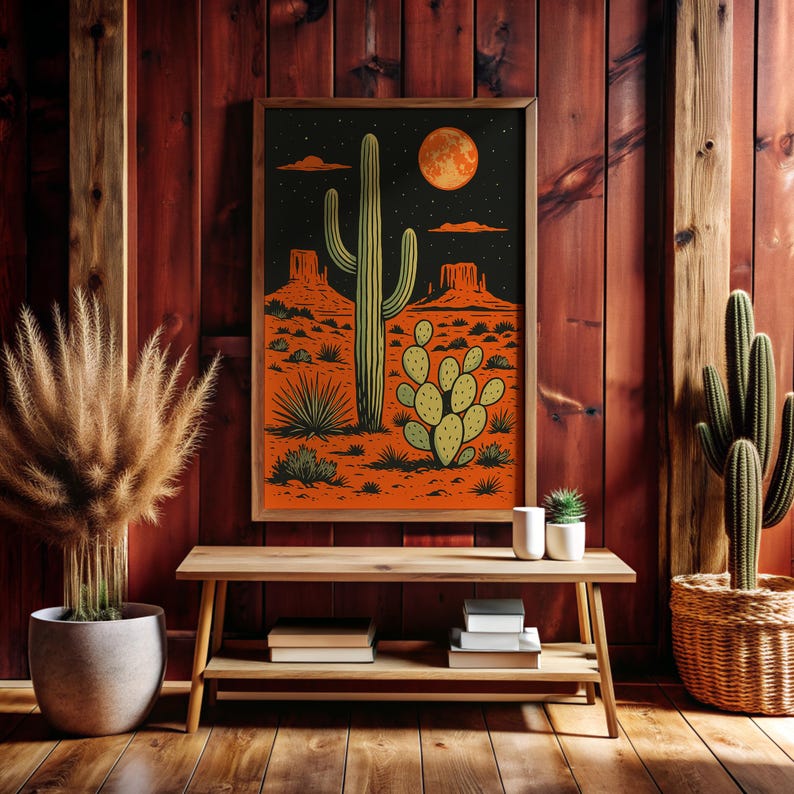 Vintage Desert Night Cactus Art Print | Retro Southwestern Wall Decor ...