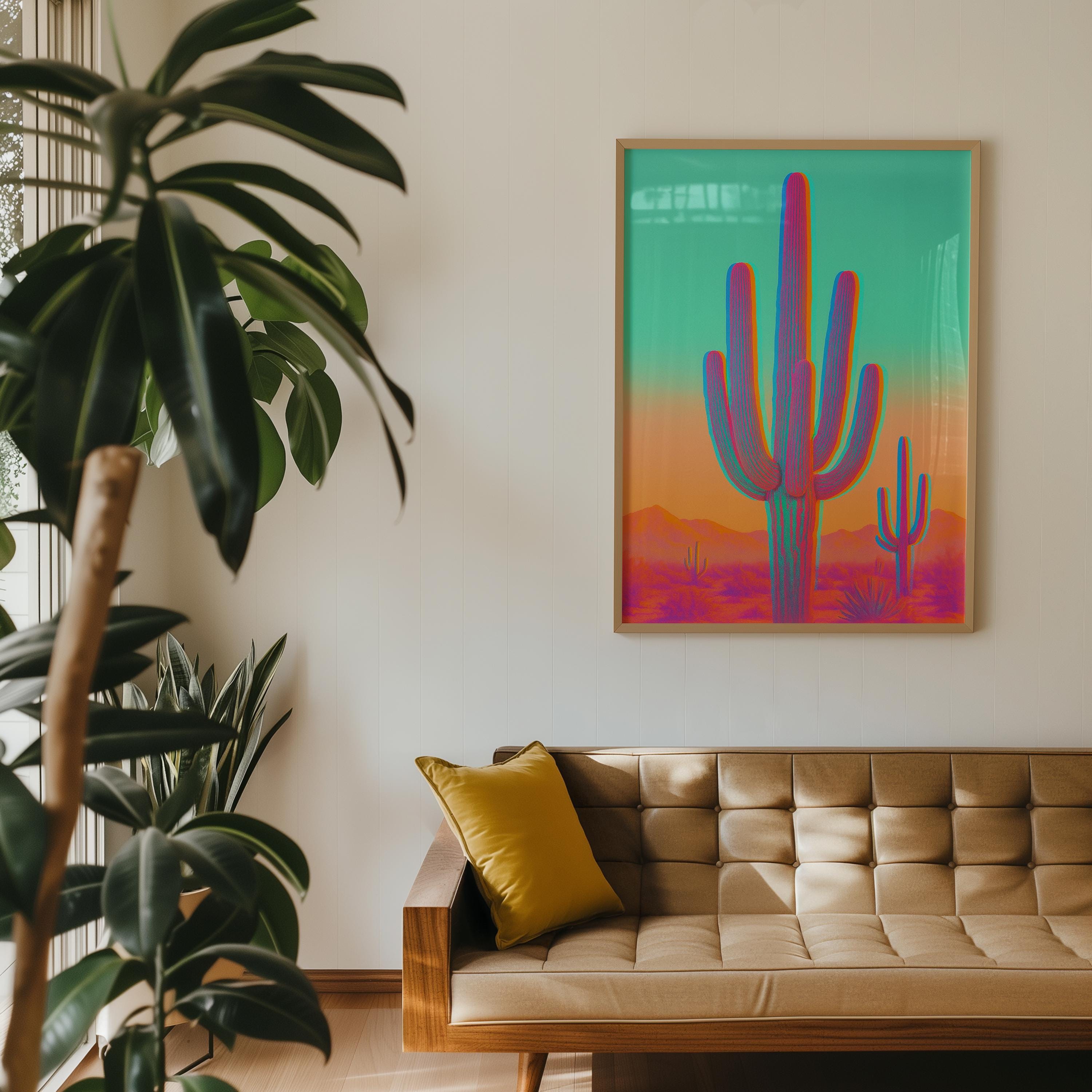 Surreal Retro Dreamscape Saguaro Art Print | Neon Sunset Desert Wall ...