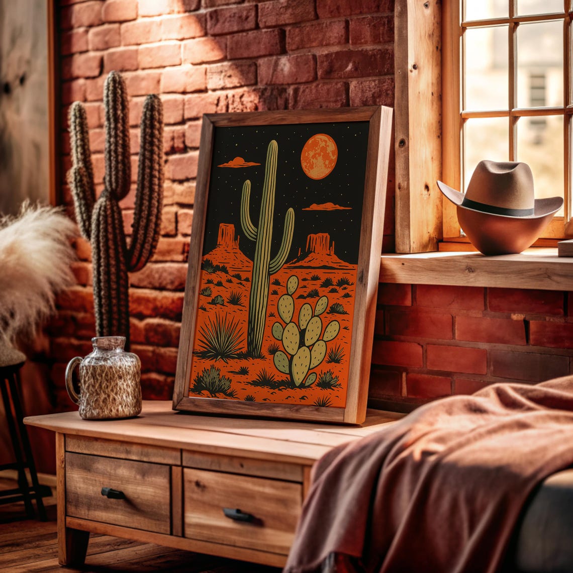Vintage Desert Night Cactus Art Print | Retro Southwestern Wall Decor ...