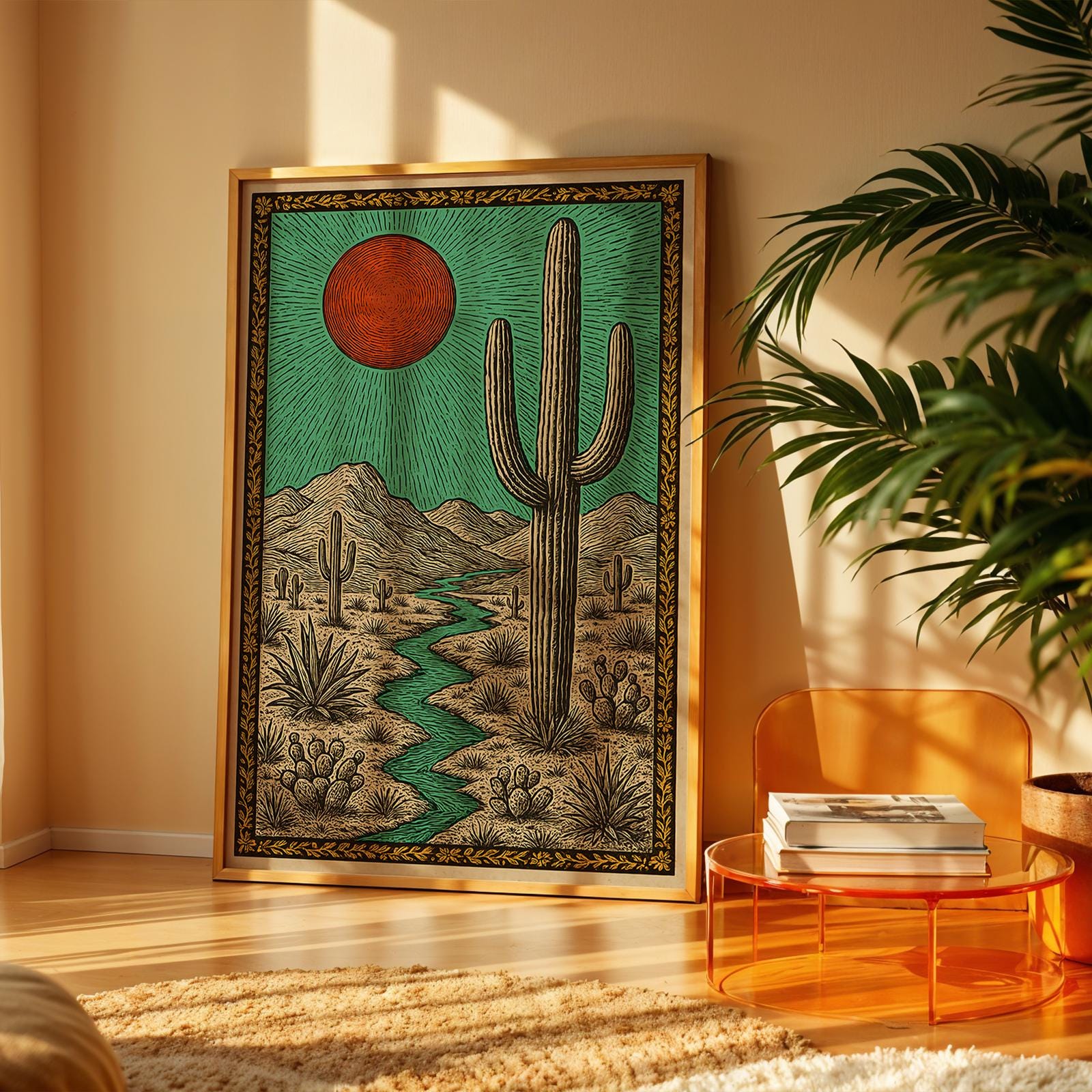 Vintage Southwestern Desert Linocut Style Art Print | Rustic Saguaro ...