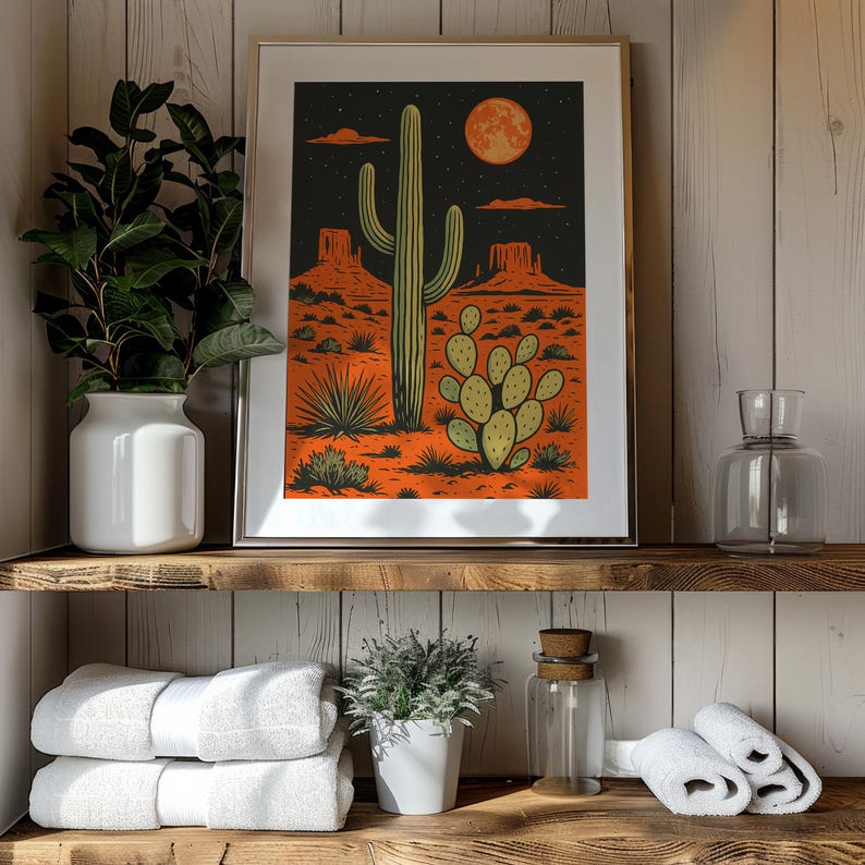 Vintage Desert Night Cactus Art Print | Retro Southwestern Wall Decor ...