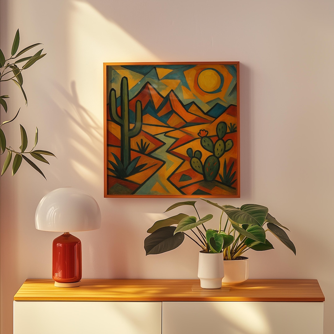 Southwestern Abstract Desert Art Print | Modern Cubist Cactus Landscape ...