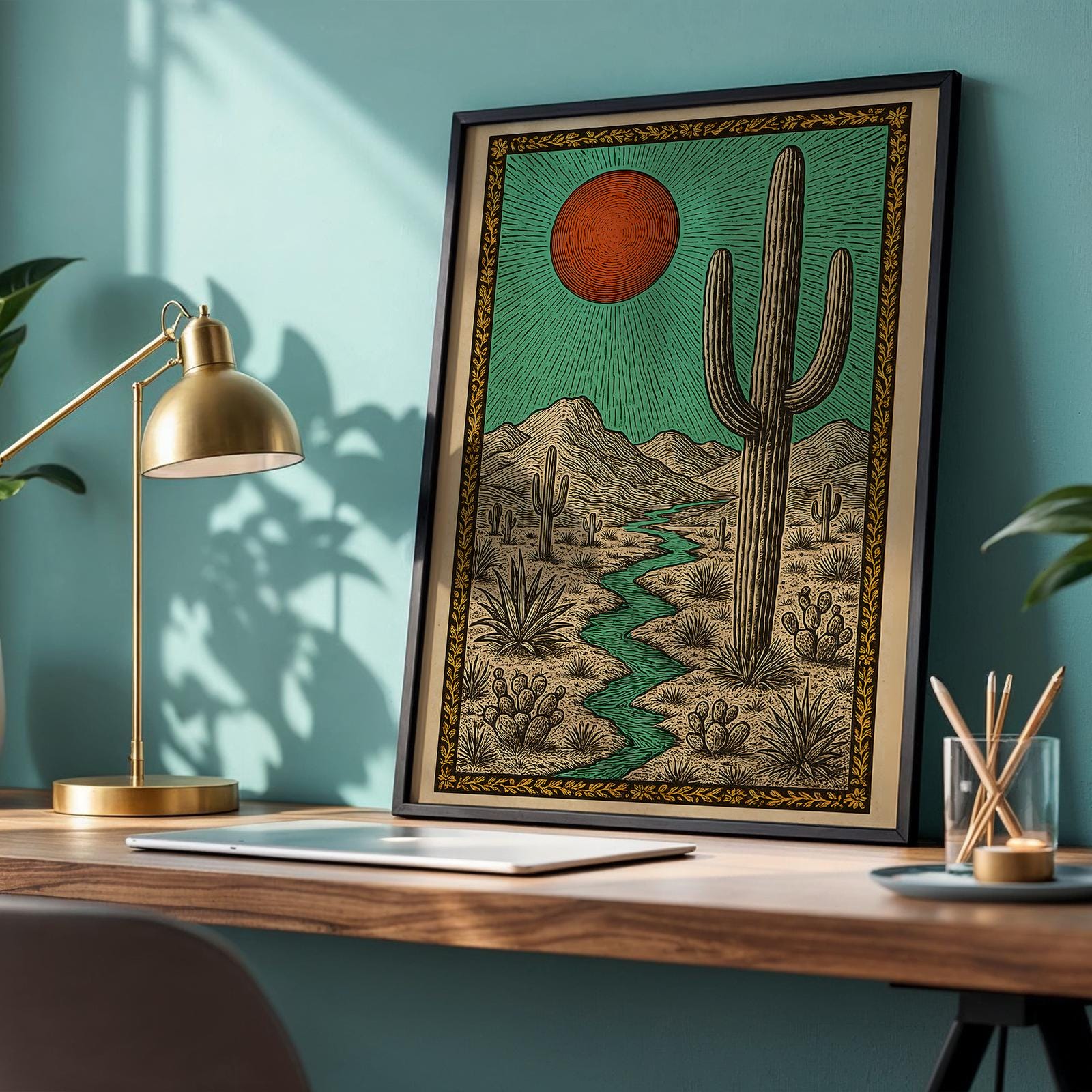 Vintage Southwestern Desert Linocut Style Art Print | Rustic Saguaro ...
