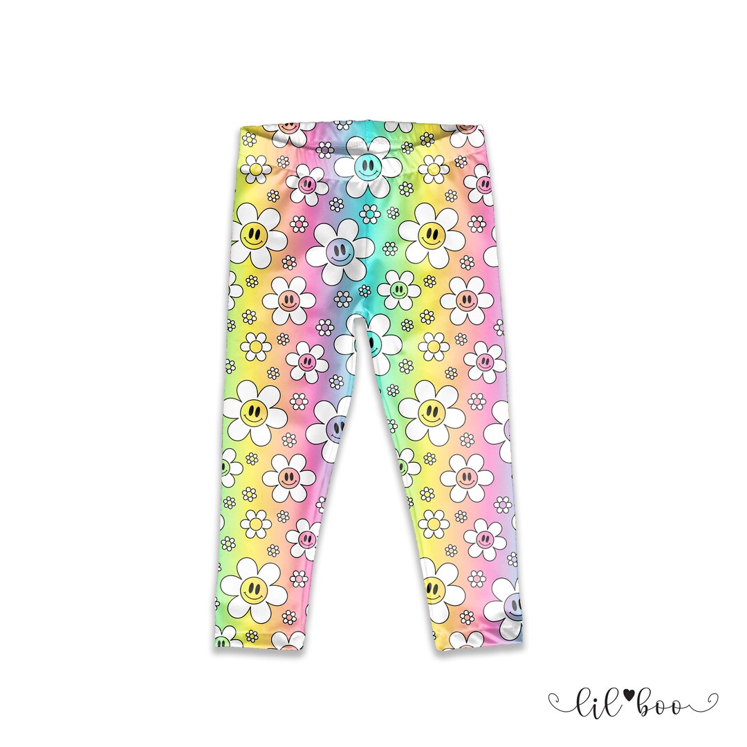 Kids Smiley Leggings - Rainbow Floral Leggings - Groovy Birthday Outfit ...