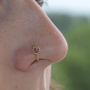 Gold Nose Ring, 2mm Ruby Nose Ring, Nose Hoop, Nose Piercing 18g, Nose ...