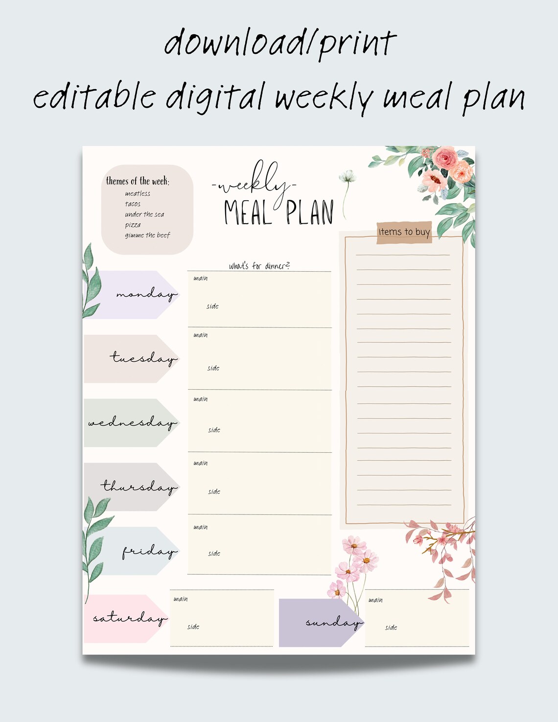 Printable Weekly Meal Plan, Meal Prep, Family Dinner Plan, Digital Meal ...