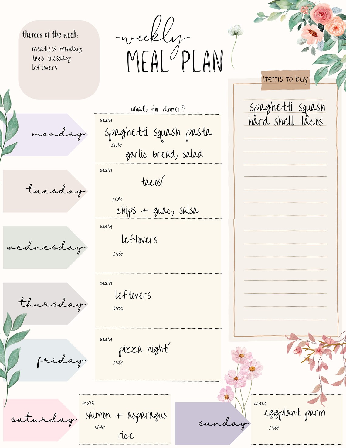 Printable Weekly Meal Plan, Meal Prep, Family Dinner Plan, Digital Meal ...