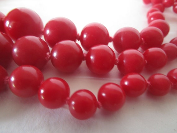 Antique Cherry Red Bakelite or Plastic Beaded 3 Stran… - Gem