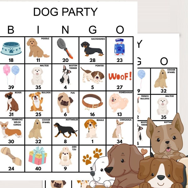 Dog Breed Bingo, Printable Bingo Cards for Kids, Dog Birthday Party ...