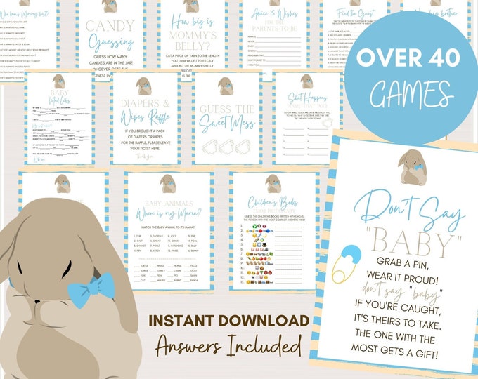 Boy Bunny Baby Shower Game Bundle - Set of 25 Printable Games ...