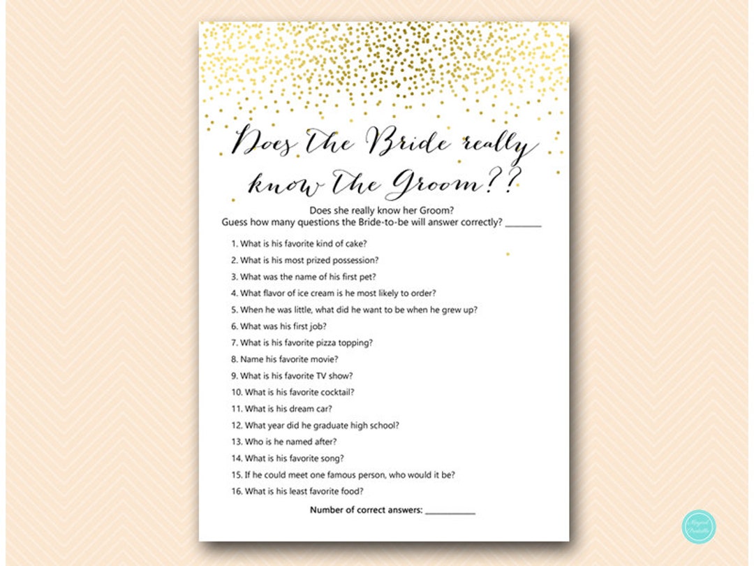 Gold Bridal Shower Games Does The Bride Know Groom How Well Etsy