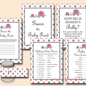 Pink Elephant Baby Shower Game Pack, Instant Download, Printable Baby ...