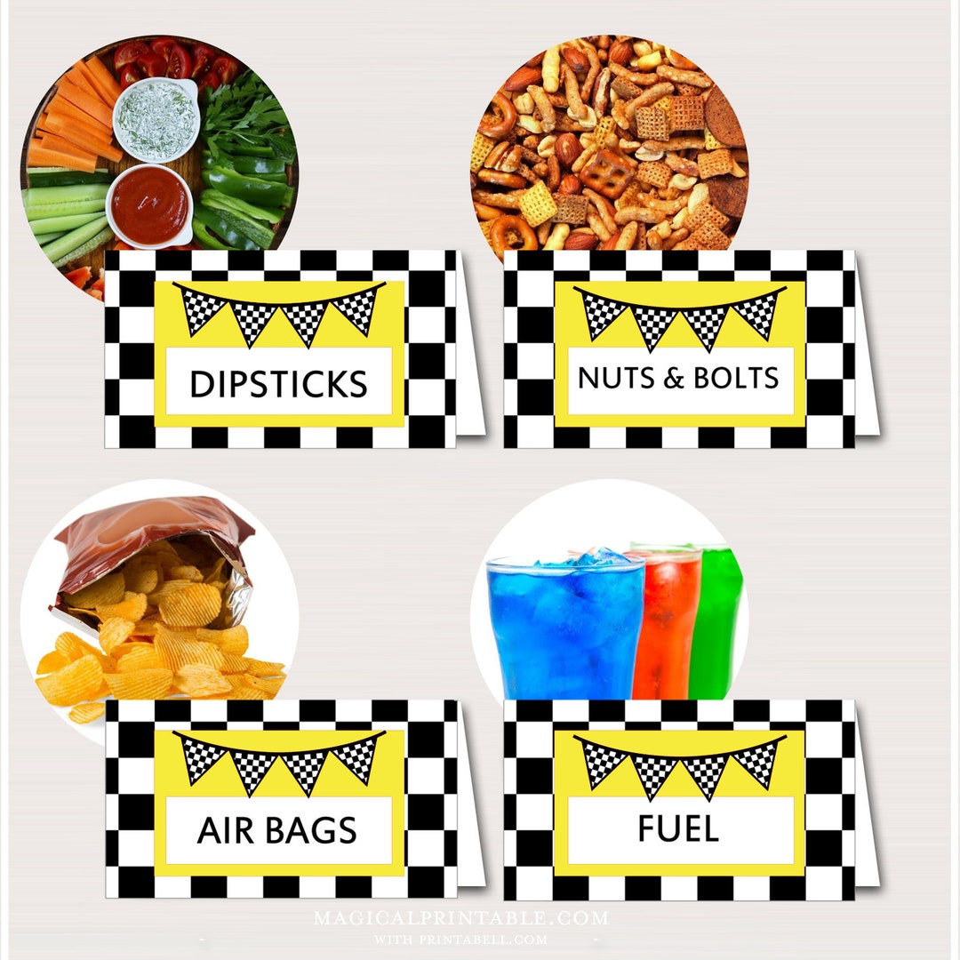 Editable Yellow Racing Food Labels, Tent Style Place Cards, Racing Baby ...