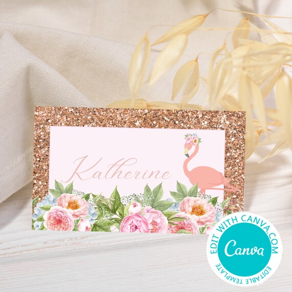 Editable Flamingo Labels Cards, Flamingo Name Cards, Rose gold Bridal ...