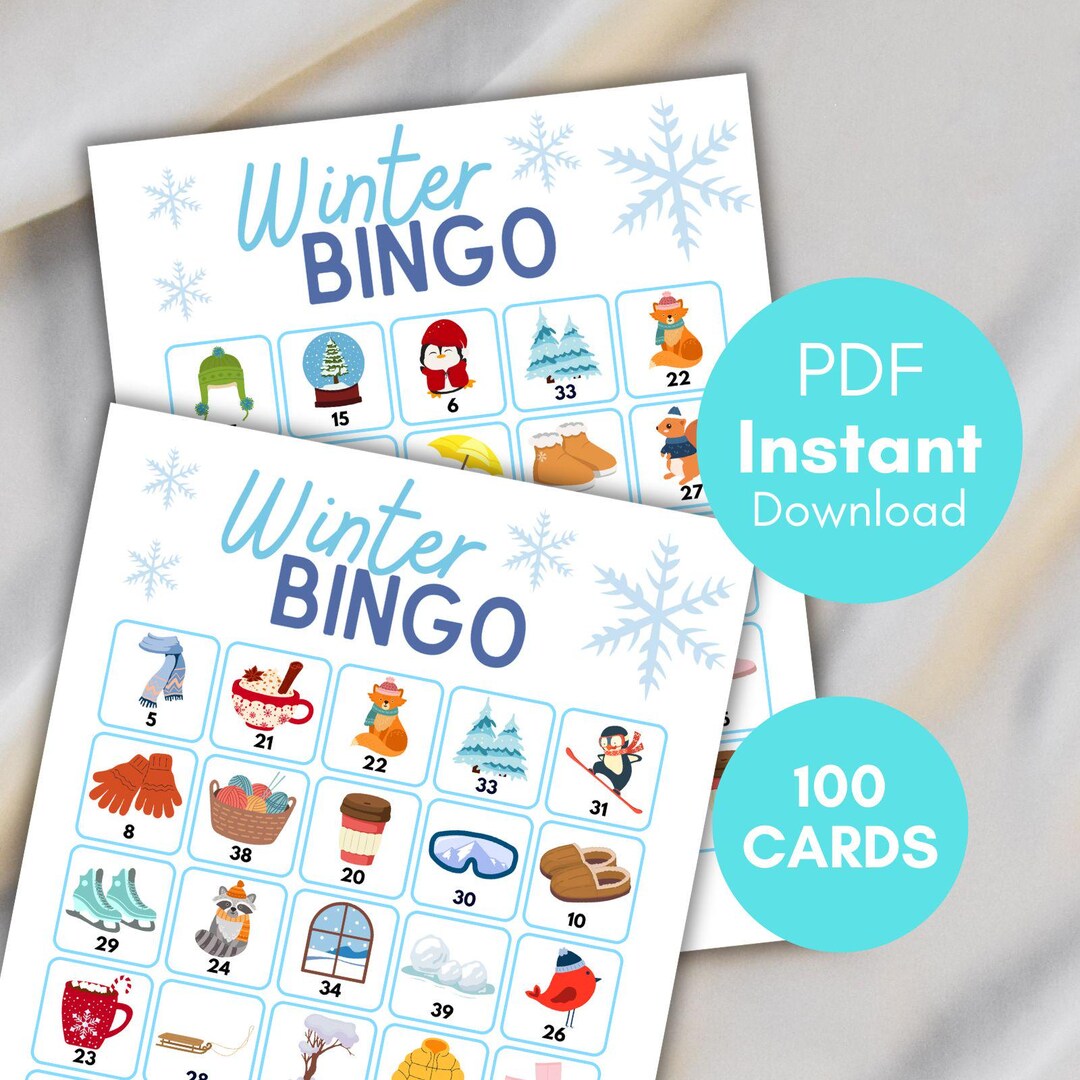 Winter Bingo, 100 Printable Winter Bingo Cards, Download, Winter ...
