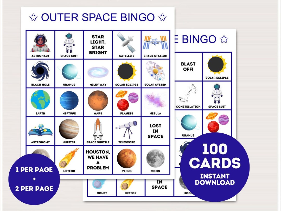 Outer Space Bingo Cards, 100 Printable Space Bingo, Outer Space Bingo ...