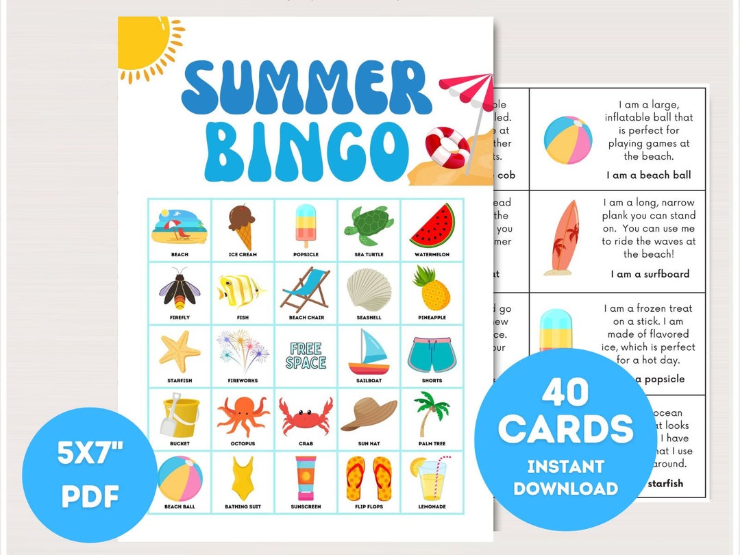 Summer Bingo Cards, Printable Summer Bingo, Summer Party Activity, Kids ...