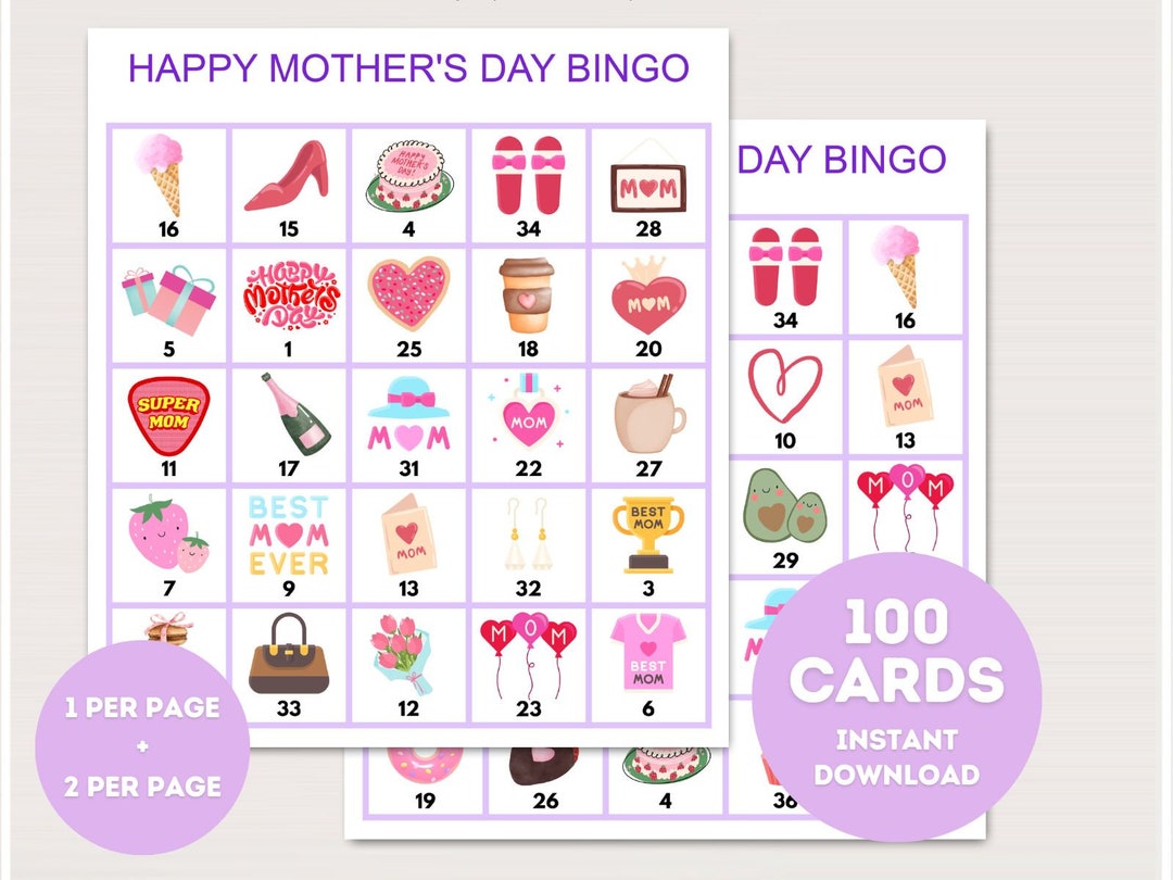100x Mother's Day Bingo Cards, Printable Mother's Day Bingo, Happy ...