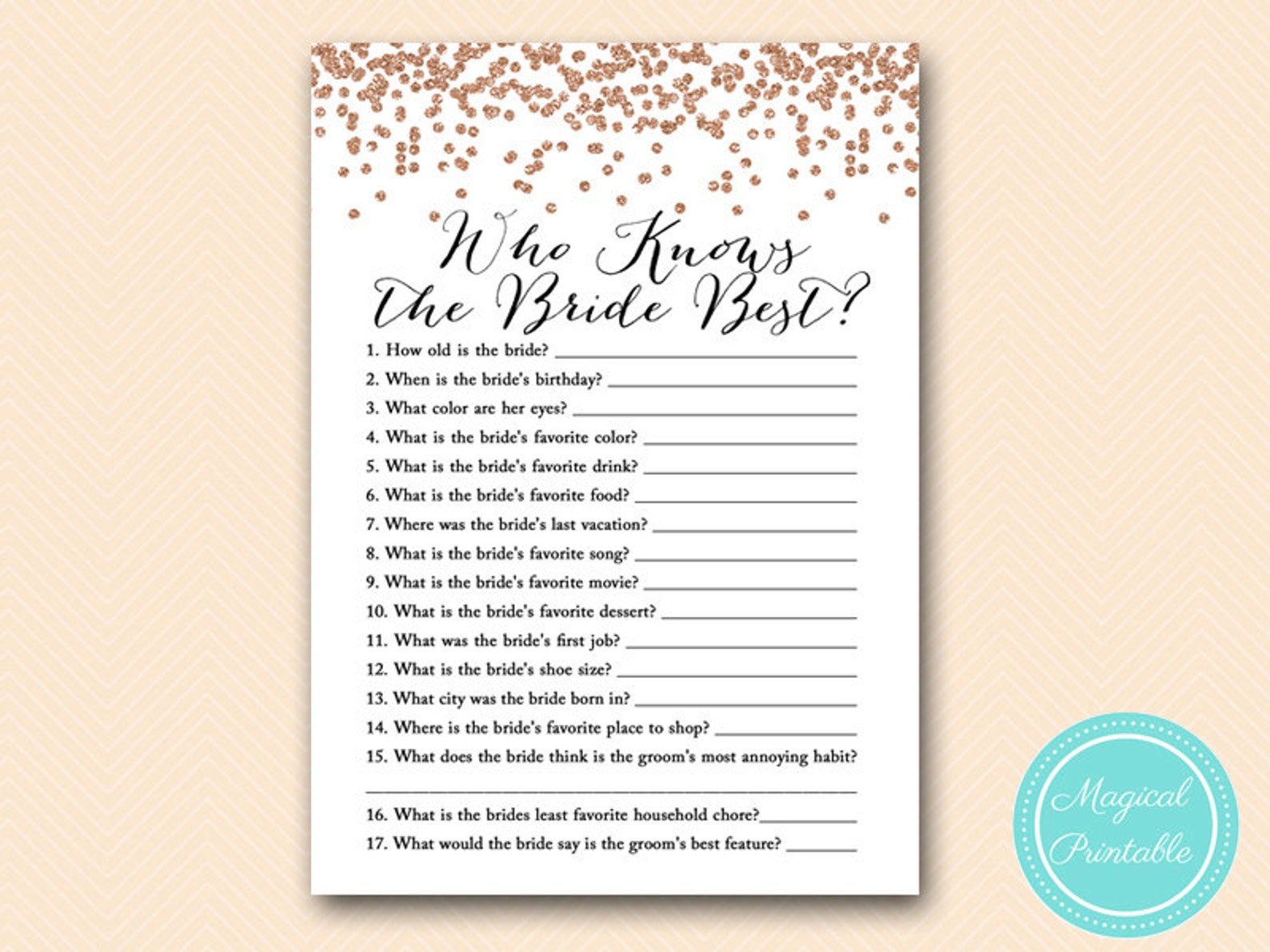 Who Knows the Bride Best Game Printable Rose Gold Bridal - Etsy