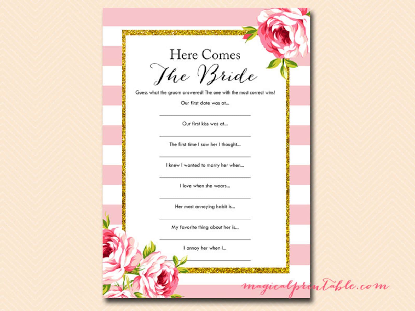 Here Comes the Bride Game Pink Chic Floral Parisian Bridal | Etsy