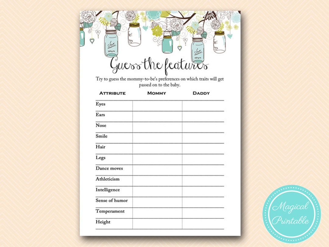 Guess the Feature, Baby Trait Game, Rustic Mason Jars Baby Shower, Baby ...