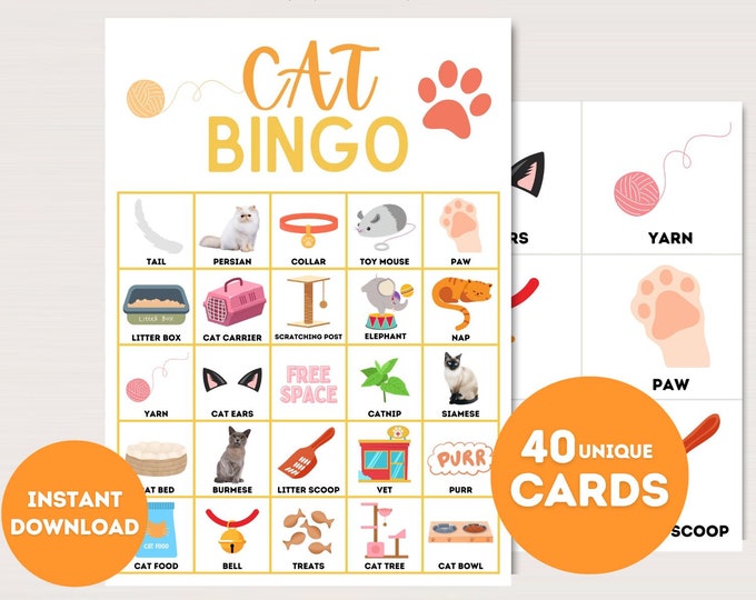 Cat Bingo, 30 Printable Cat Bingo Cards, Cat Birthday Party Game, Cat ...