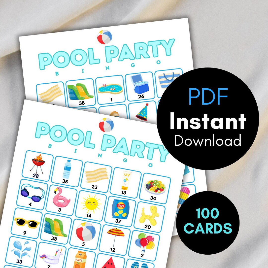 Pool Party Bingo Cards, Printable Pool Birthday Bingo, Pool Party Game ...