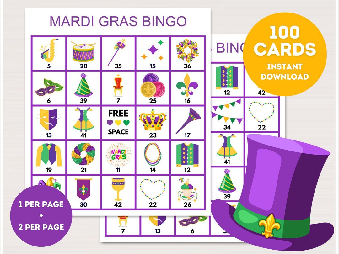 Mardi Gras Bingo Cards X100, Printable Mardi Gras Bingo, Mardi Gras Day ...