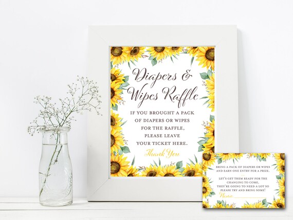 Diapers and Wipes Raffle ticket and sign, Sunflower Baby Shower, Spring ...
