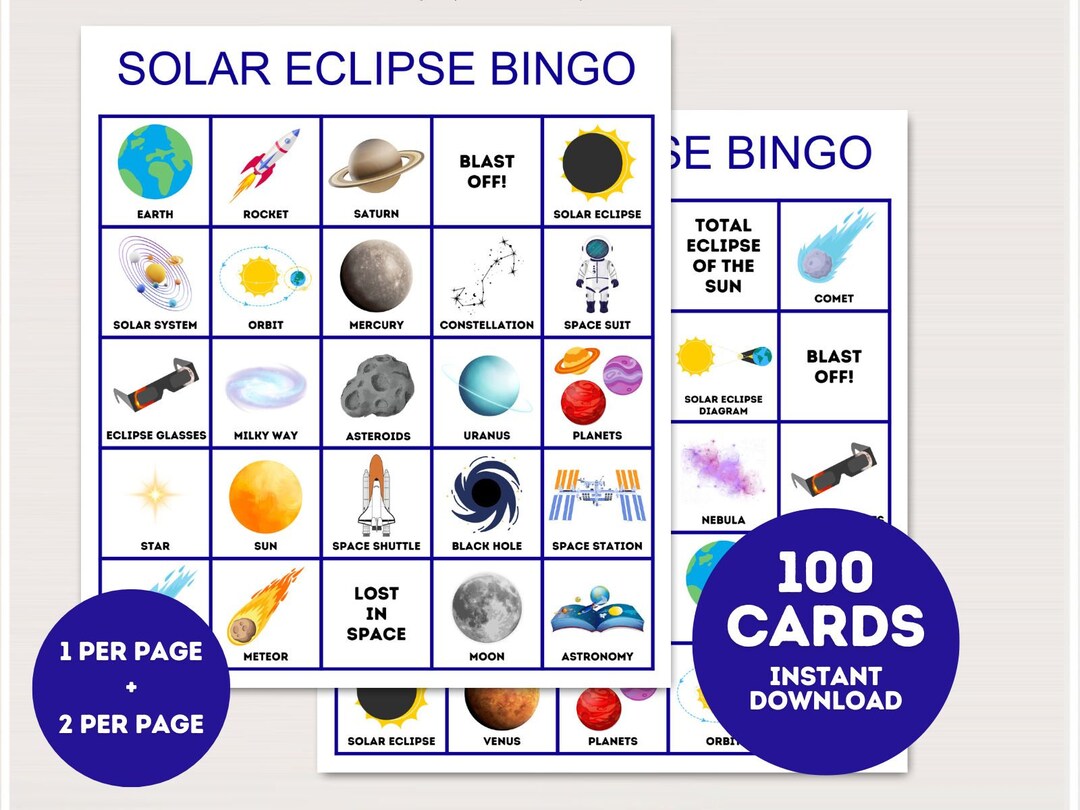 Solar Eclipse Bingo Cards, 100 Printable Solar Eclipse Bingo, Space ...