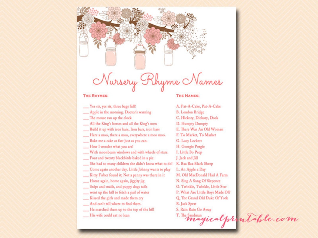 Nursery Rhyme Game, Matching Game, Peach Red, Mason Jars, Rustic Baby ...