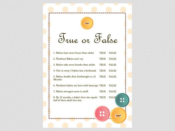 True or False Baby shower Game, Cute as a Button Baby Shower Games ...