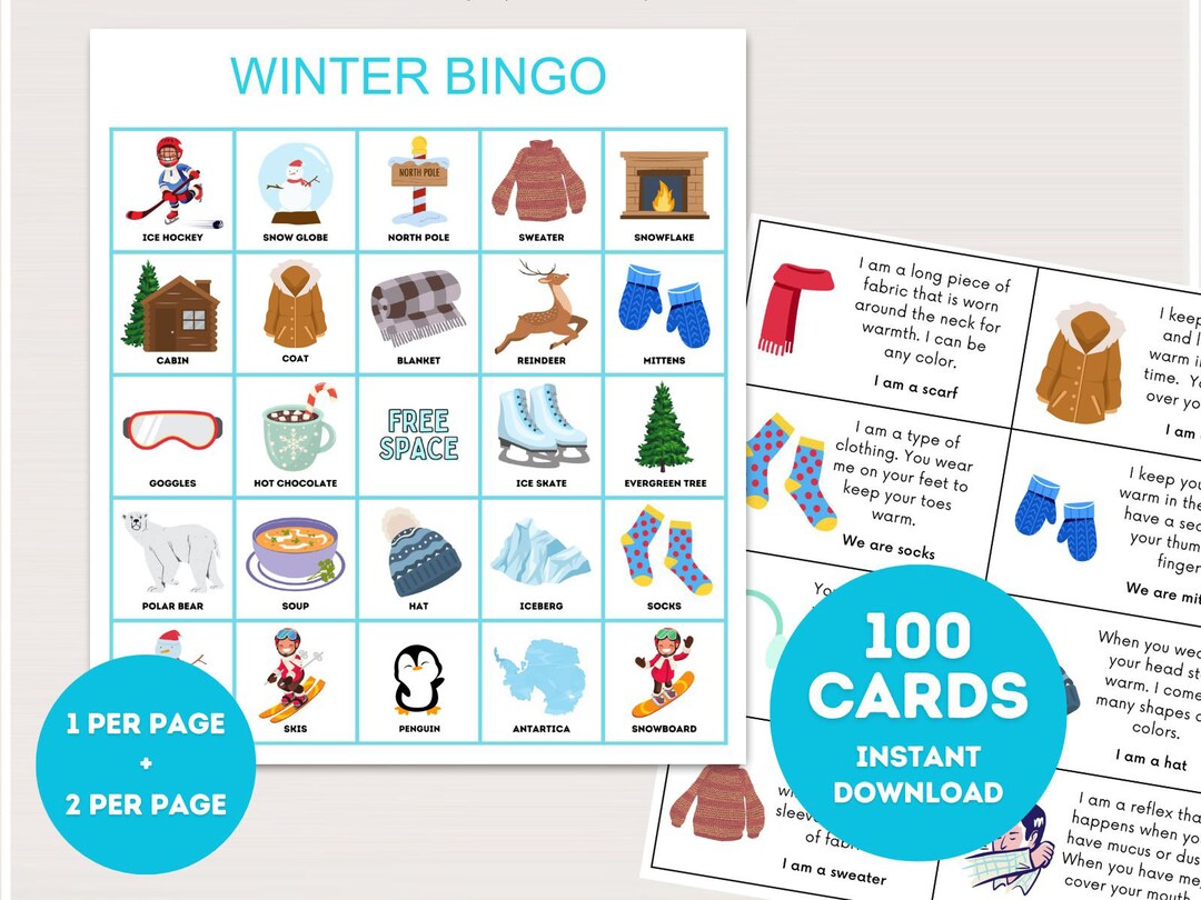 Winter Bingo, 100 Printable Winter Bingo Cards, Download, Winter ...