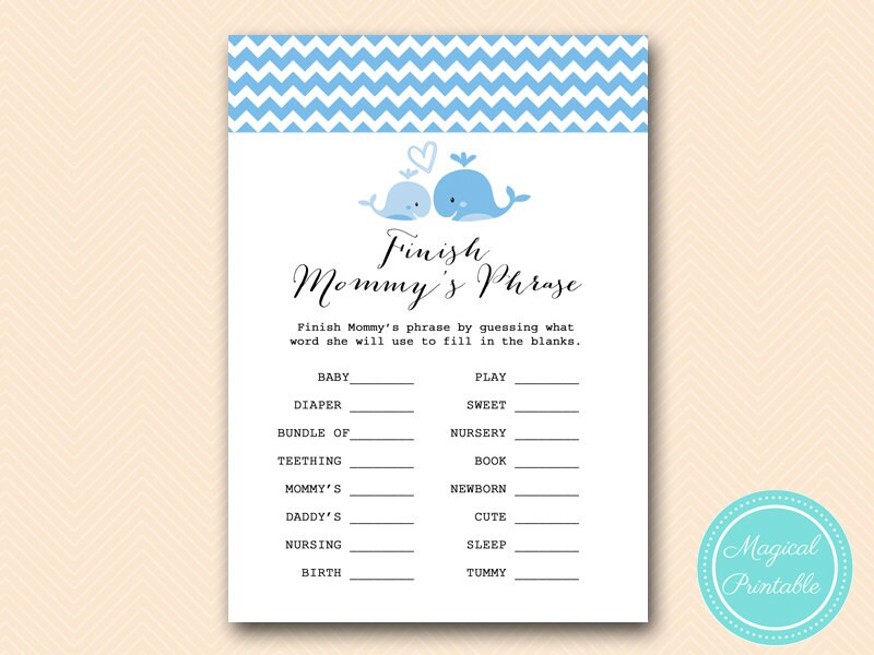 Blue Whale Baby Shower Games Printable, Boy Nautical Baby Shower Game ...