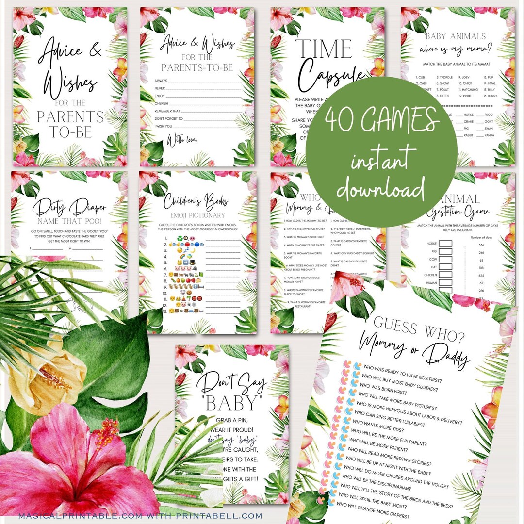 Tropical Luau Baby Shower Games Bundle, Hawaiian Themed Baby Shower ...