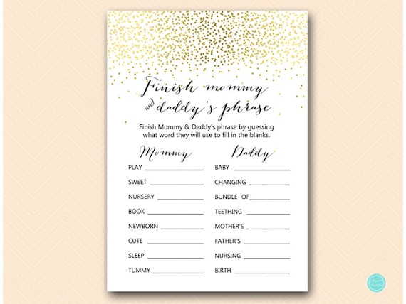 Gold Baby Shower Games, Finish Mommy and Daddy's Phrase, Finish the ...