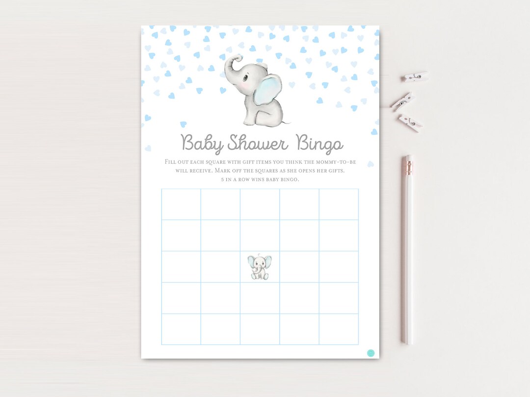 Bingo Baby Shower, Baby Shower Bingo Cards, Boy Elephant Baby Shower ...