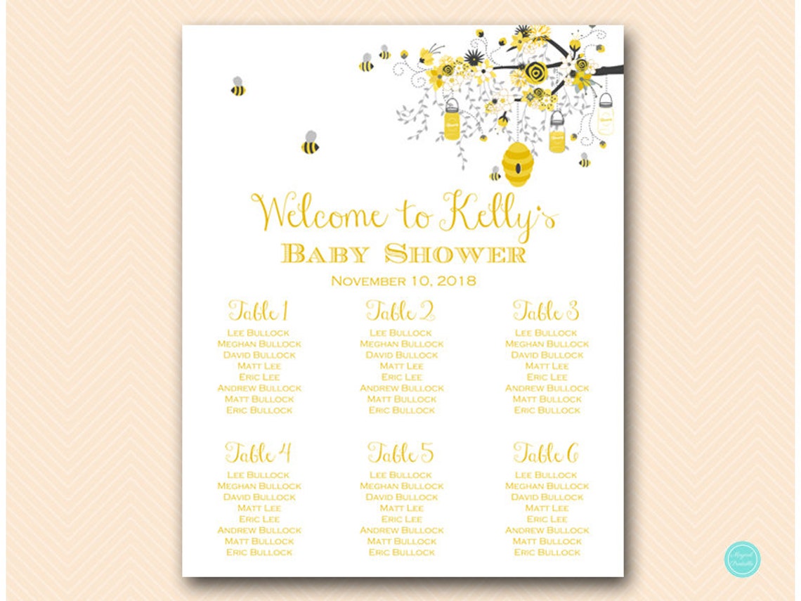 Bee Baby Shower Table Seating Chart, Bride to Bee, Gender Reveal ...